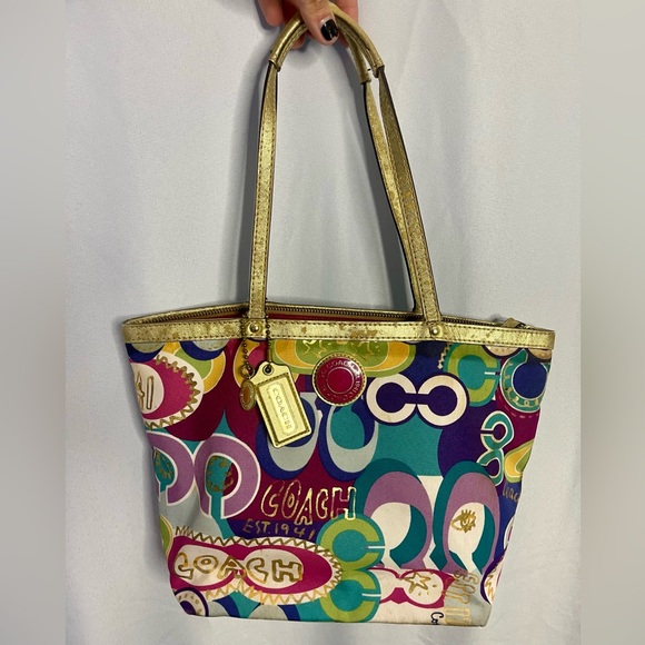 Coach | Bags | Coach Large Rainbow Canvas Monogram Gold Leather Trim ...